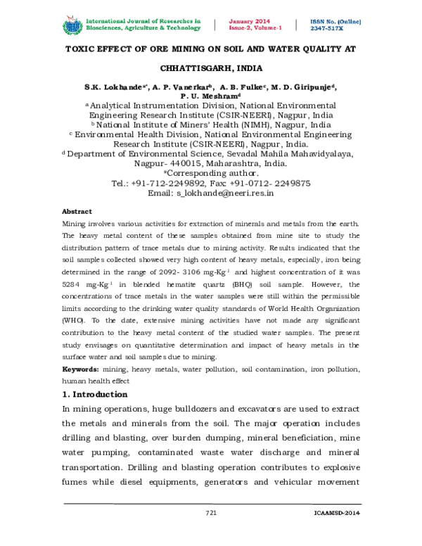 (PDF) Toxic Effect of Ore Mining on Soil and Water Quality at ...