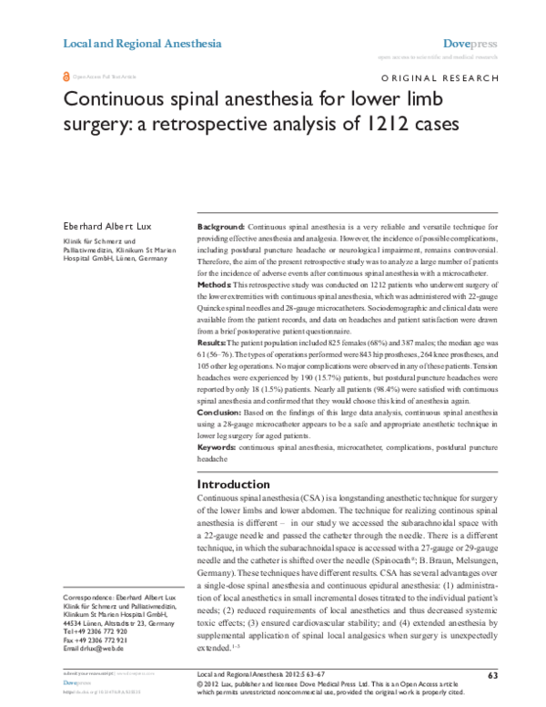 (PDF) Continuous spinal anesthesia for lower limb surgery: a retrospective analysis of 1212 cases