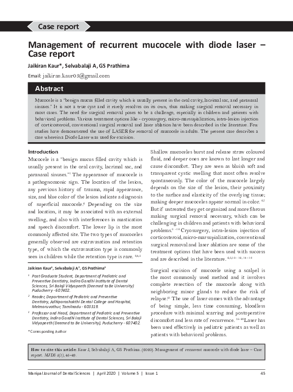 (PDF) Management of recurrent mucocele with diode laser – Case report ...