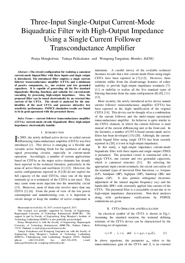 (PDF) Three-Input Single-Output Current-Mode Biquadratic Filter with High-Output Impedance Using ...