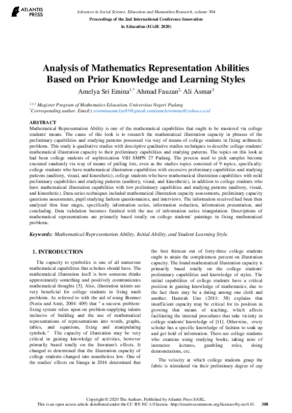 (PDF) Analysis of Mathematics Representation Abilities Based on Prior Knowledge and Learning Styles