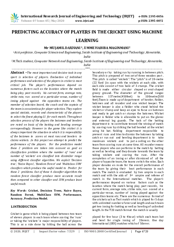 Pdf Predicting Accuracy Of Players In The Cricket Using Machine Learning