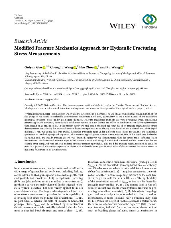 (PDF) Modified Fracture Mechanics Approach for Hydraulic Fracturing Stress Measurements