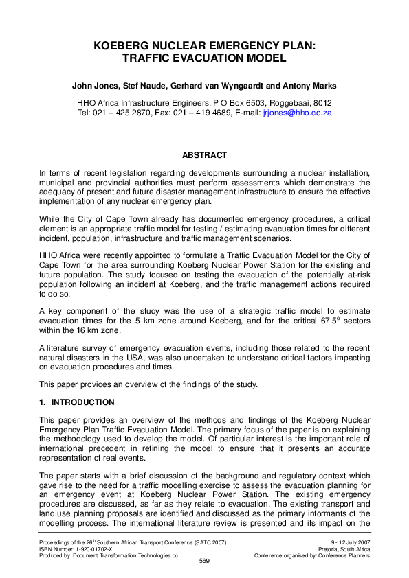 (PDF) Koeberg nuclear emergency plan: traffic evacuation model