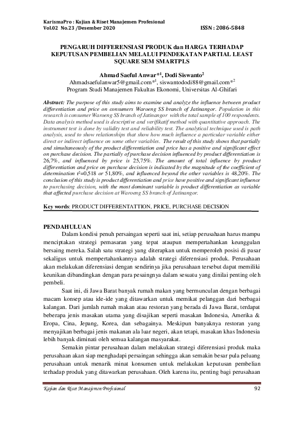 (PDF) PENGARUH DIFFERENSIASI PRODUK dan HARGA TERHADAP KEPUTUSAN ...