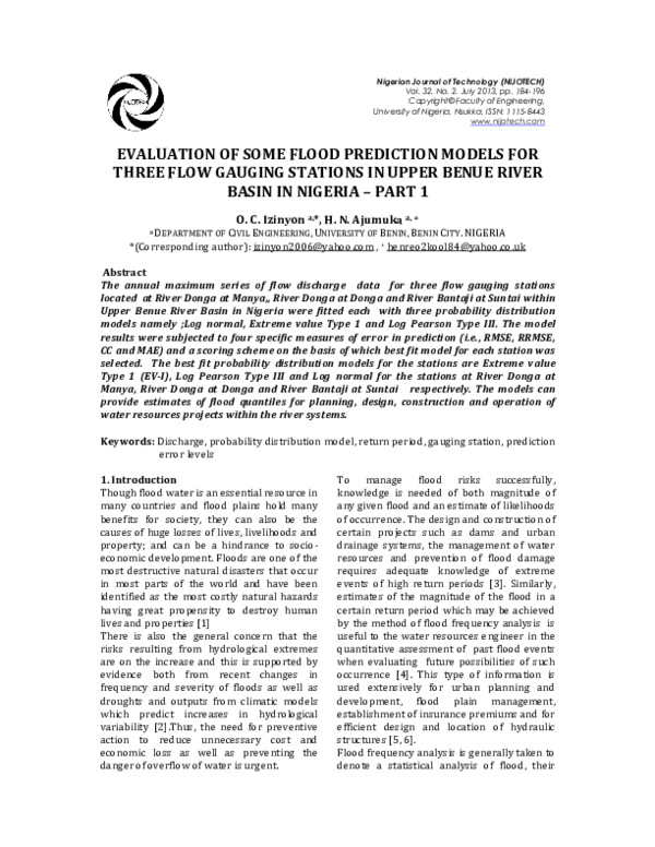 Pdf Evaluation Of Some Flood Prediction Models For Three Flow Gauging