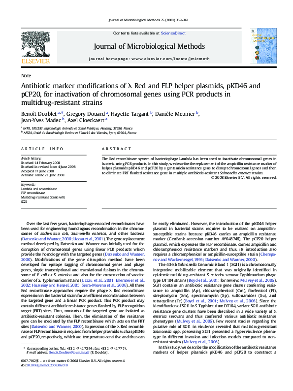 (PDF) Antibiotic marker modifications of λ Red and FLP helper plasmids ...