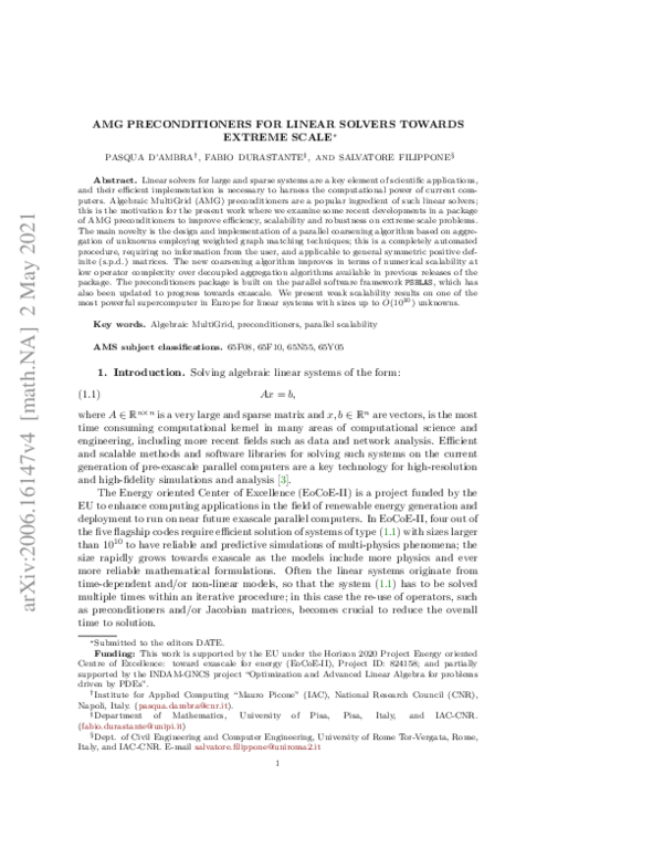 (PDF) AMG Preconditioners for Linear Solvers towards Extreme Scale