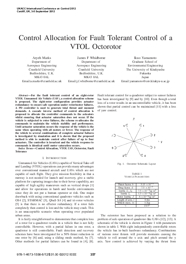 Pdf Control Allocation For Fault Tolerant Control Of A Vtol Octorotor