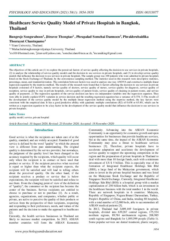 (PDF) Healthcare Service Quality Model of Private Hospitals in Bangkok ...