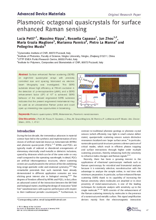 (PDF) Plasmonic octagonal quasicrystals for surface enhanced Raman sensing
