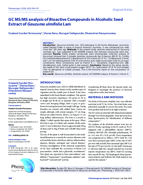 Pdf Gc Msms Analysis Of Bioactive Compounds In Alcoholic Seed Extract Of Gauzuma Ulmifolia Lam
