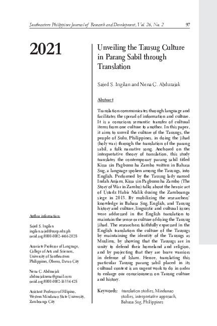 (PDF) Unveiling the Tausug Culture in Parang Sabil through Translation ...