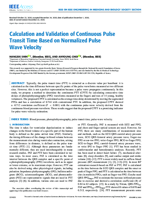 Pdf Calculation And Validation Of Continuous Pulse Transit Time Based On Normalized Pulse Wave