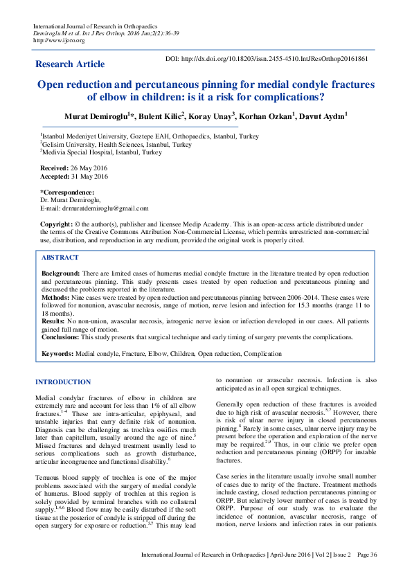 (PDF) Open reduction and percutaneous pinning for medial condyle ...