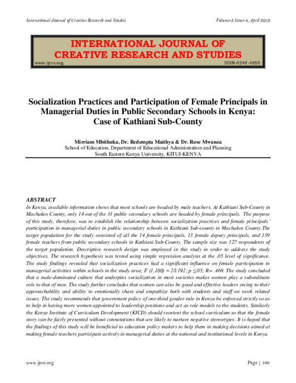 (PDF) Socialization practices and participation of female principals in ...