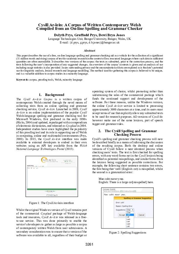 (PDF) Cysill Ar-lein: A Corpus of Written Contemporary Welsh Compiled ...