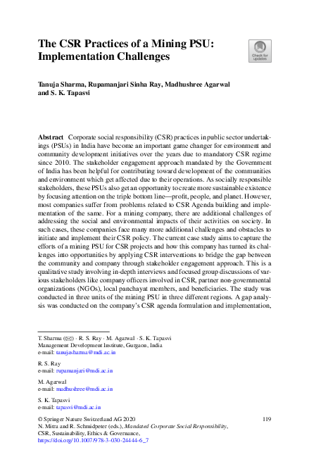 (PDF) The CSR Practices of a Mining PSU: Implementation Challenges