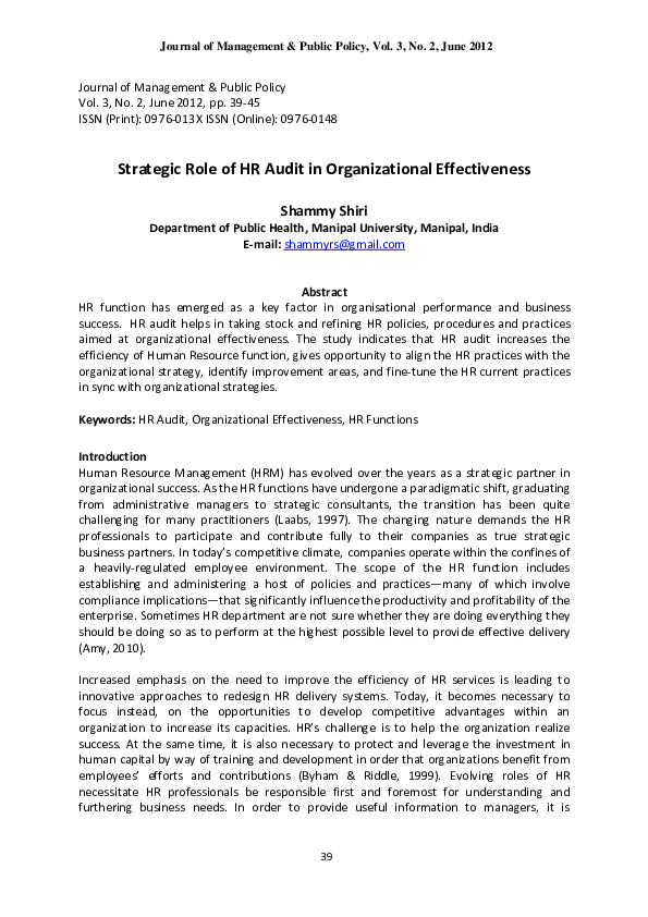 (PDF) Strategic Role of HR Audit in Organizational Effectiveness (PDF) Strategic Role of HR Audit in Organizational Effectiveness