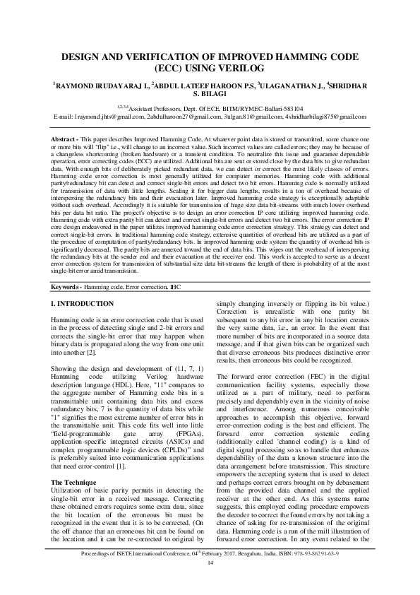 (PDF) Design and Verification of Improved Hamming Code (Ecc) Using Verilog