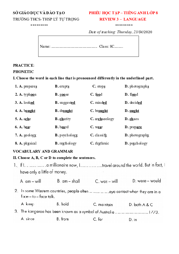 (PDF) SỞ GIÁO DỤC VÀ ĐÀO TẠO PHIẾU HỌC TẬP -TIẾNG ANH LỚP 8 TRƯỜNG THCS-THSP LÝ TỰ TRỌNG REVIEW ...