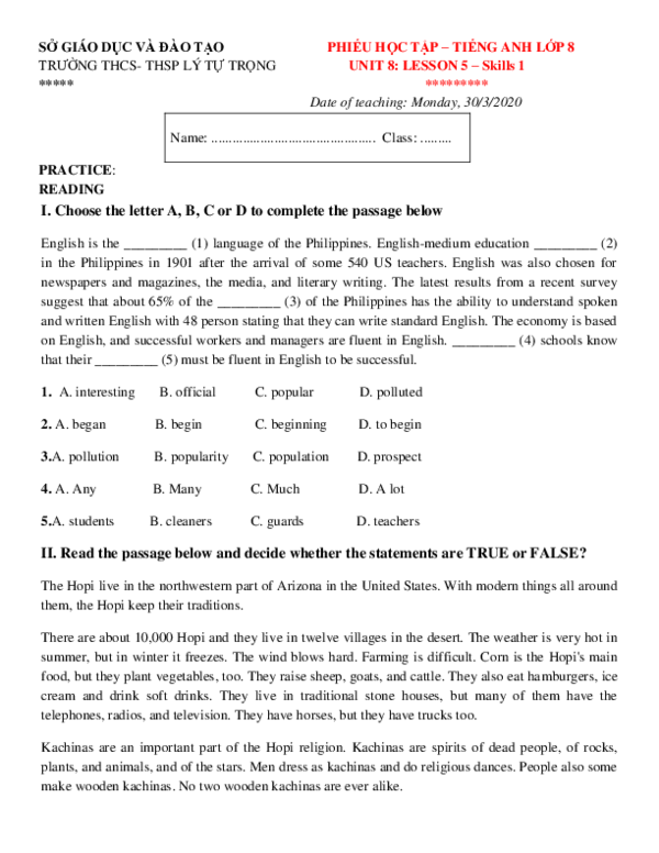 (PDF) SỞ GIÁO DỤC VÀ ĐÀO TẠO PHIẾU HỌC TẬP -TIẾNG ANH LỚP 8 TRƯỜNG THCS-THSP LÝ TỰ TRỌNG UNIT 8 ...