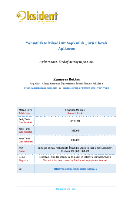 (PDF) Yahudilikte İtikâdî Bir Sapkınlık Türü Olarak Apikoros (Apikoros ...