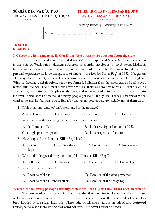 (PDF) SỞ GIÁO DỤC VÀ ĐÀO TẠO PHIẾU HỌC TẬP -TIẾNG ANH LỚP 8 TRƯỜNG THCS-THSP LÝ TỰ TRỌNG UNIT 9 ...