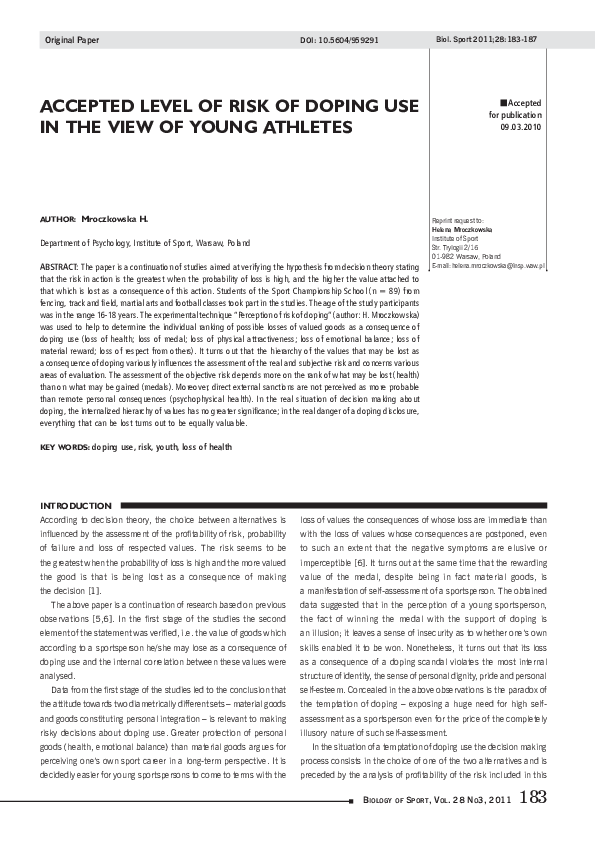 (PDF) Accepted Level of Risk of Doping Use in the View of Young ...