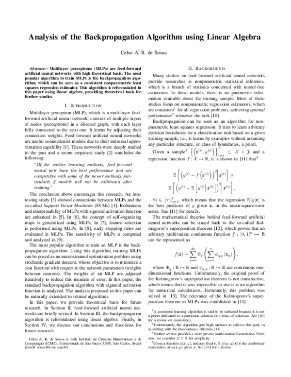 Pdf Analysis Of The Backpropagation Algorithm Using Linear Algebra