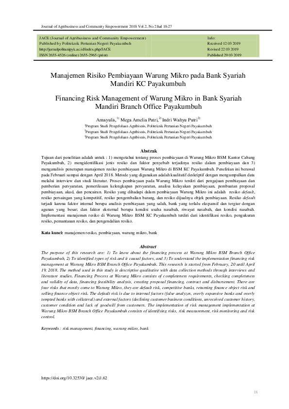(PDF) Manajemen Risiko Pembiayaan Warung Mikro pada Bank Syariah Mandiri KC Payakumbuh