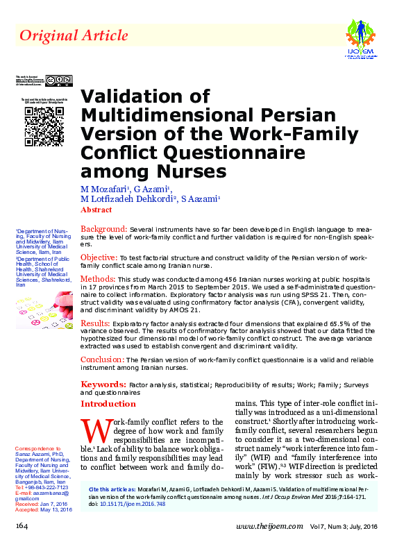 (PDF) Validation of Multidimensional Persian Version of the Work-Family ...