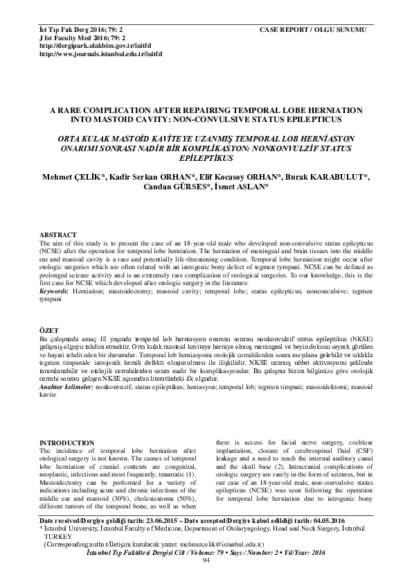(PDF) A Rare Complication After Repairing Temporal Lobe Herniation Into ...