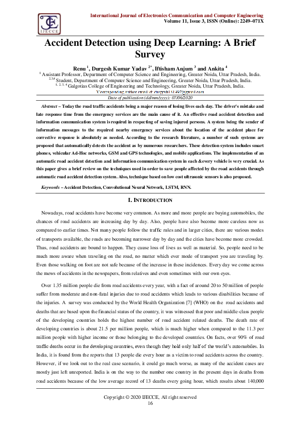 (PDF) Accident Detection using Deep Learning: A Brief Survey