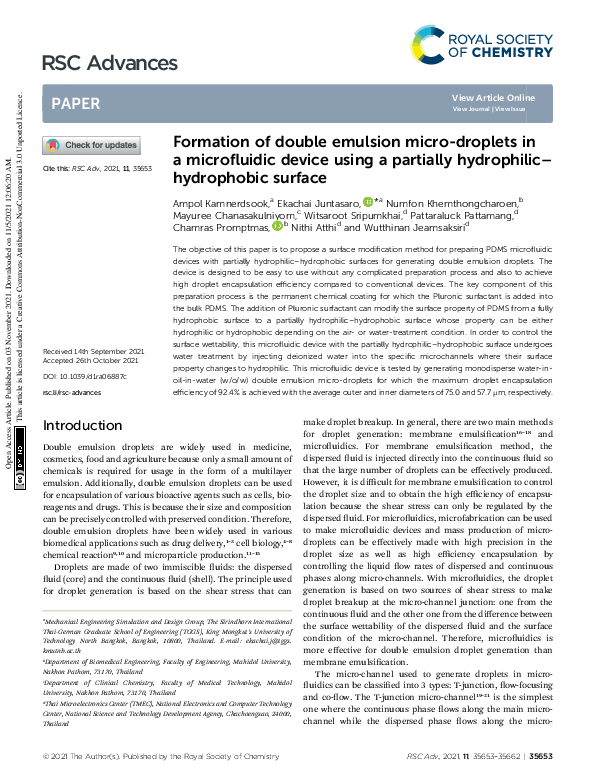 (PDF) Formation of double emulsion micro-droplets in a microfluidic device using a partially ...