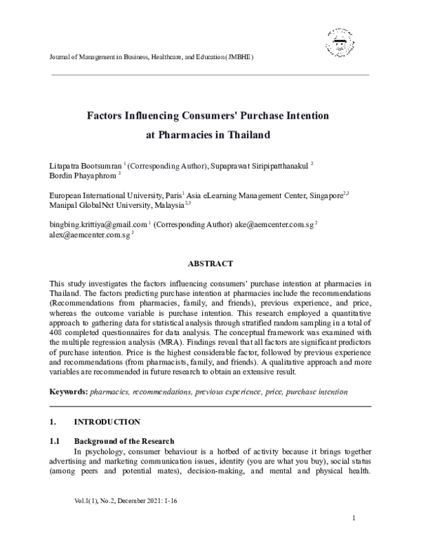 (PDF) Factors Influencing Consumers' Purchase Intention at Pharmacies in Thailand