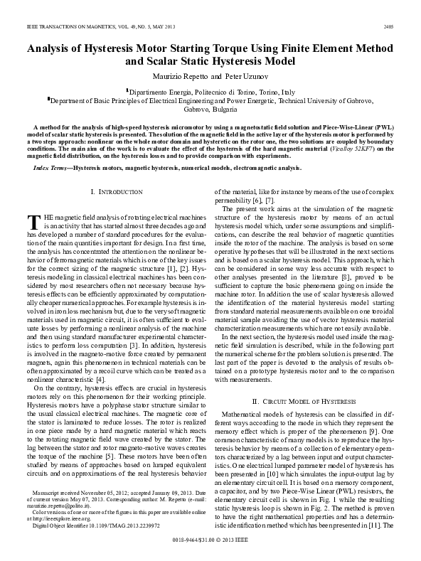 Pdf Analysis Of Hysteresis Motor Starting Torque Using Finite Element Method And Scalar Static