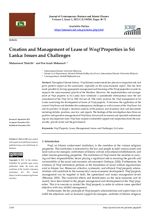 (PDF) Creation and Management of Lease of Waqf Properties in Sri Lanka ...