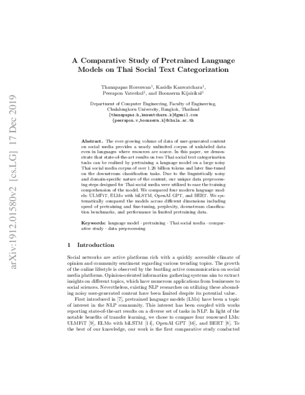(PDF) A Comparative Study of Pretrained Language Models on Thai Social Text Categorization