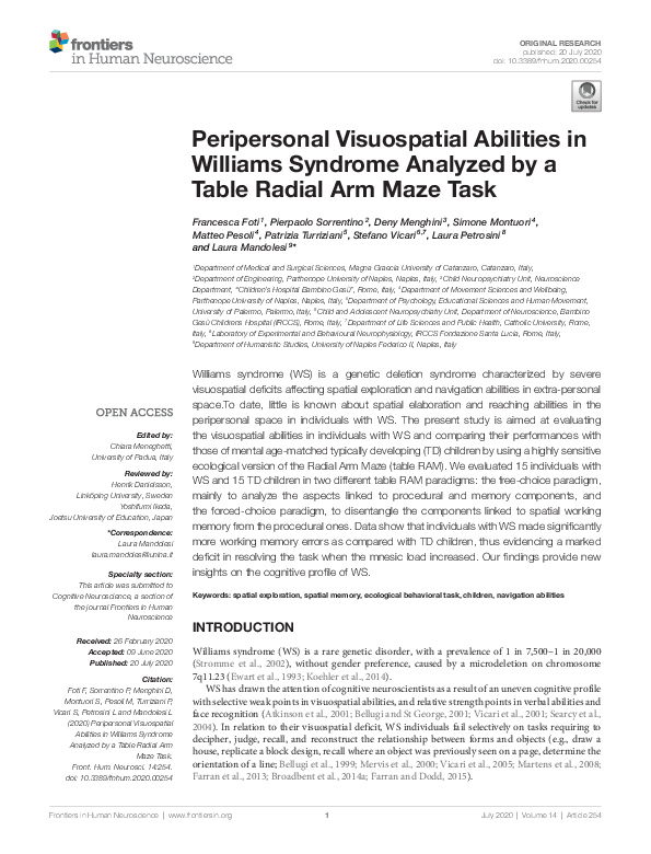 (PDF) Peripersonal Visuospatial Abilities in Williams Syndrome Analyzed ...