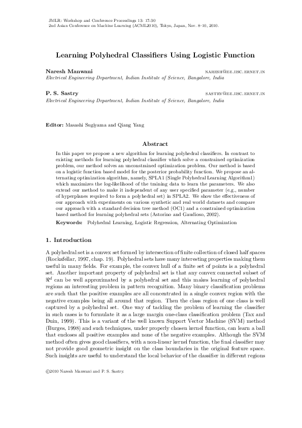 (PDF) Learning Polyhedral Classifiers Using Logistic Function
