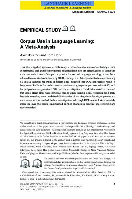(PDF) Corpus Use in Language Learning: A Meta-Analysis