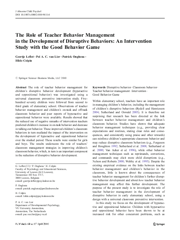(PDF) The role of teacher behavior management in the development of ...