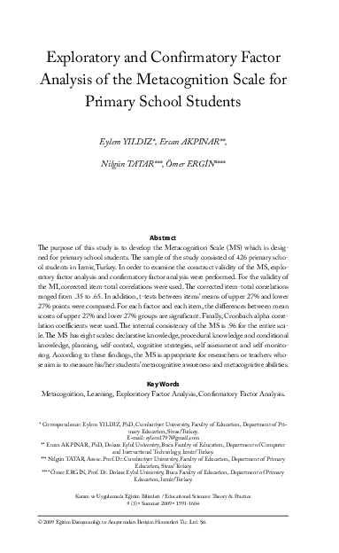 Pdf Exploratory And Confirmatory Factor Analysis Of The Metacognition Scale For Primary School