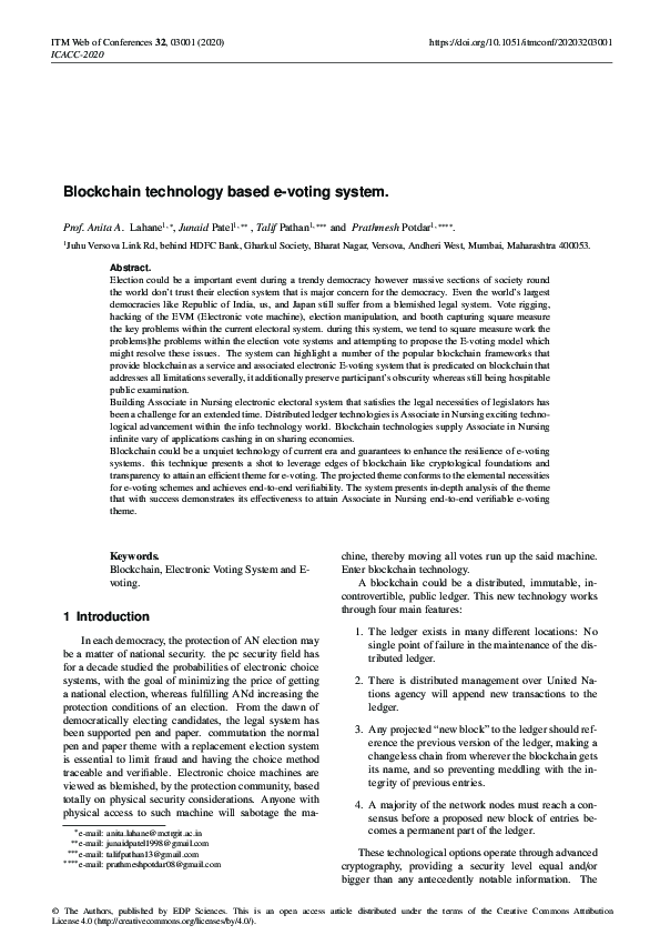(PDF) Blockchain technology based e-voting system