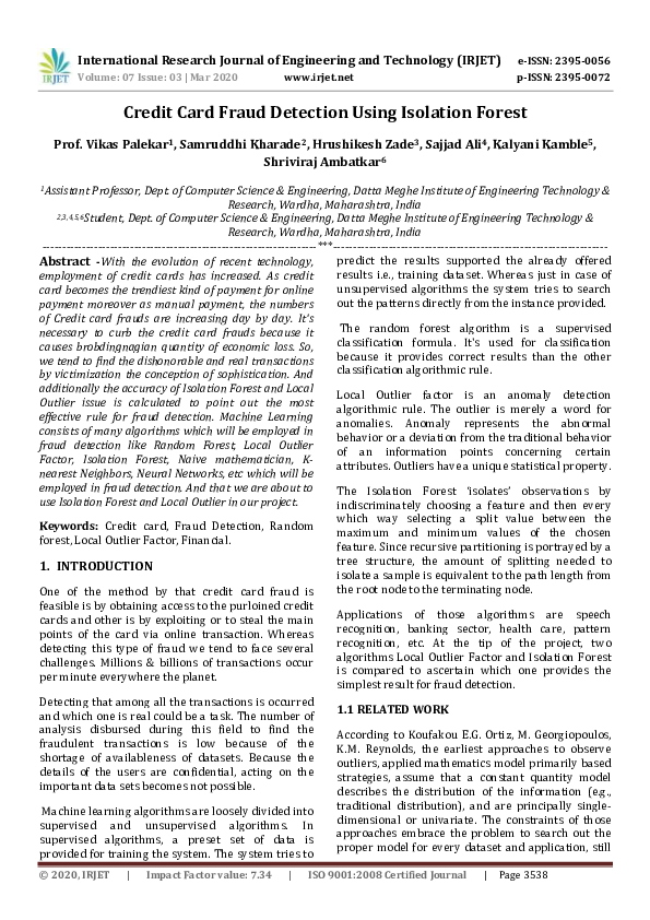 Pdf Credit Card Fraud Detection Using Isolation Forest