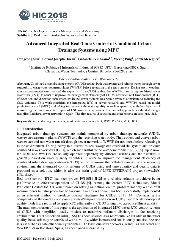 (PDF) Advanced Integrated Real-Time Control of Combined Urban Drainage Systems using MPC ...