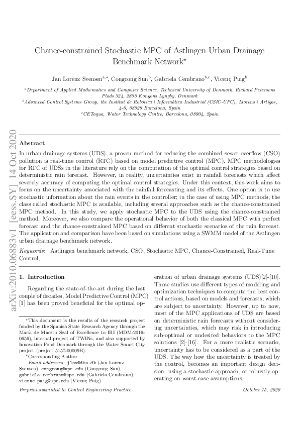 (PDF) Chance-constrained Stochastic MPC of Astlingen Urban Drainage Benchmark Network