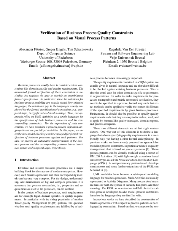 Pdf Verification Of Business Process Quality Constraints Based On Visual Process Patterns
