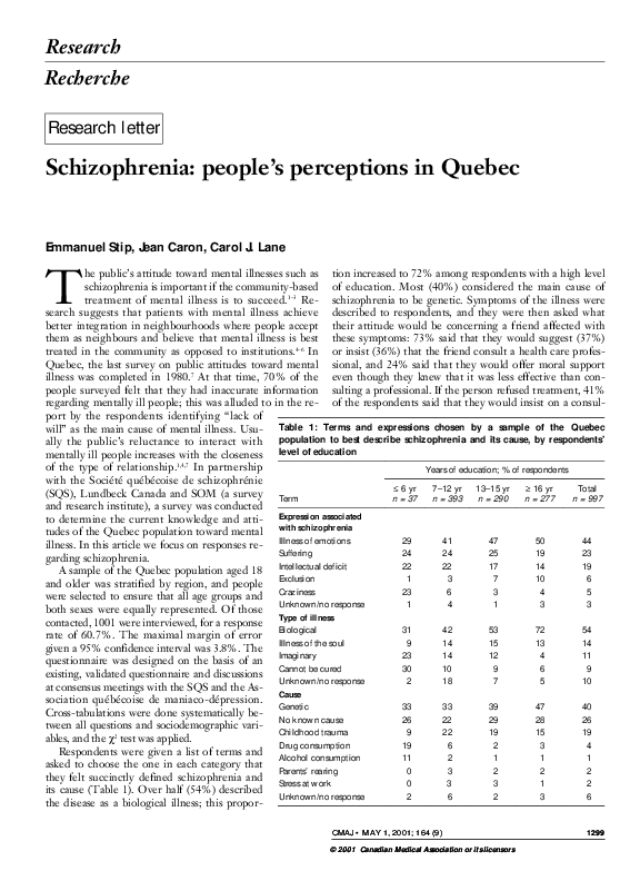 (PDF) Schizophrenia: people's perceptions in Quebec